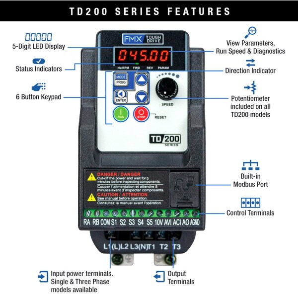 TD200-20P2-1PH, VFD, 0.25HP, 240V 1PH IN, 240V 3PH OUT | FactoryMation